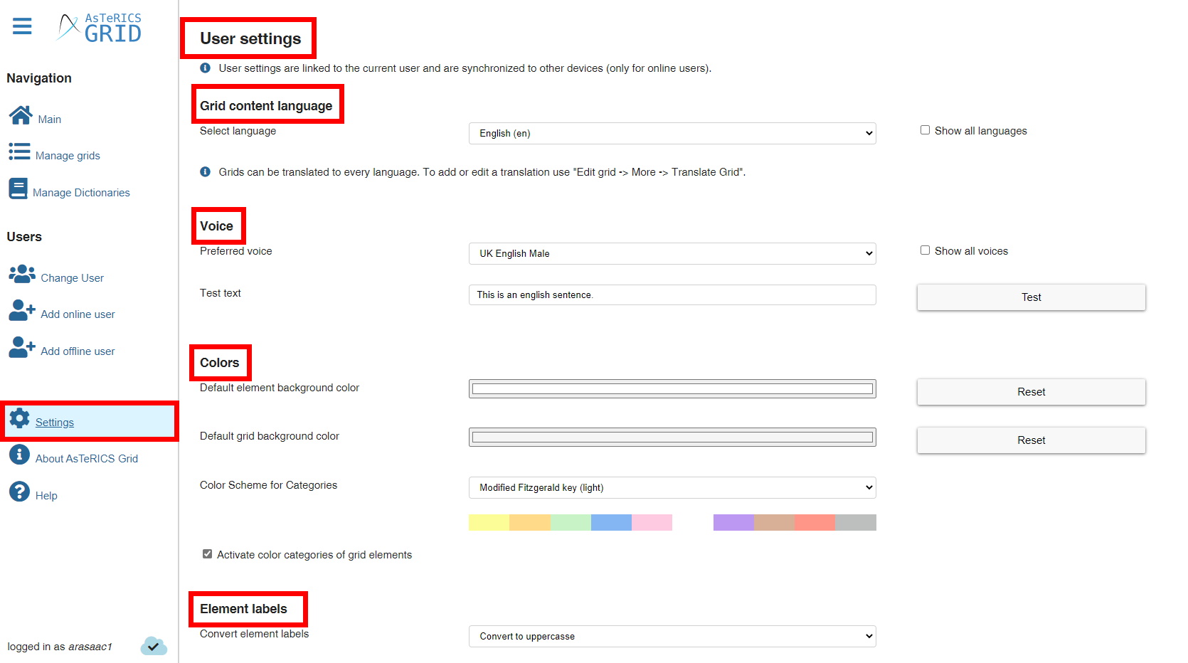 AsTeRICS Grid Communicator – 19 – Settings – Aula abierta de ARASAAC