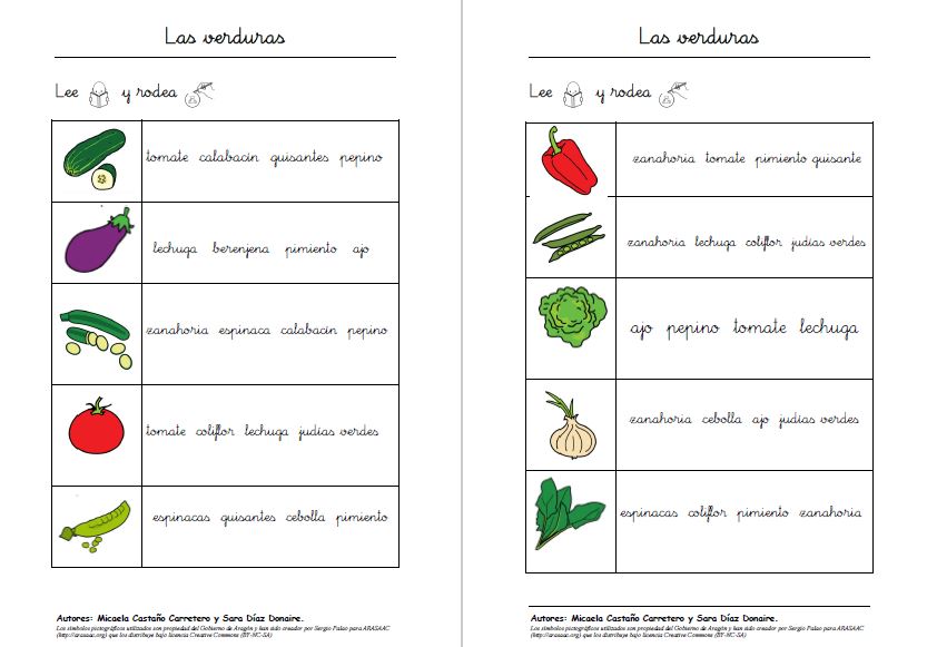 Aprendo, leo y escribo vocabulario sobre las verduras - Pictofacile