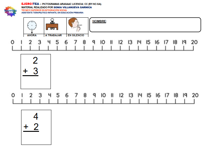 Suma en recta numérica hasta el 20 en vertical.